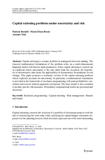 (PDF) Capital Rationing Problems under Uncertainty: A Probabilistically Constrained Approach ...