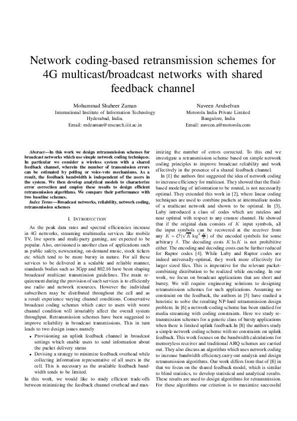 Pdf Network Coding Based Retransmission Schemes For 4g Multicastbroadcast Networks With 7618