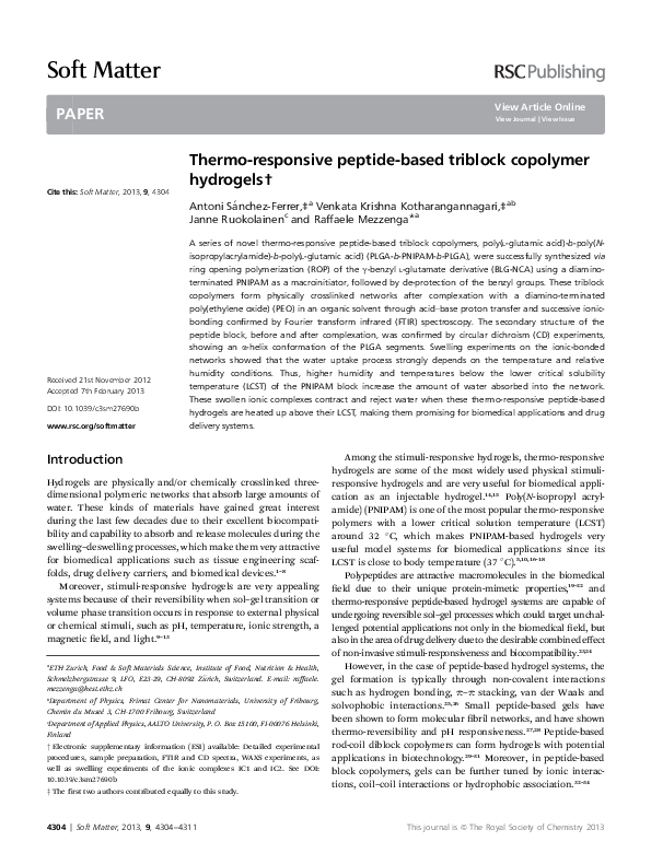 (PDF) Thermo-Responsive Peptide-Based Triblock Copolymer Hydrogels