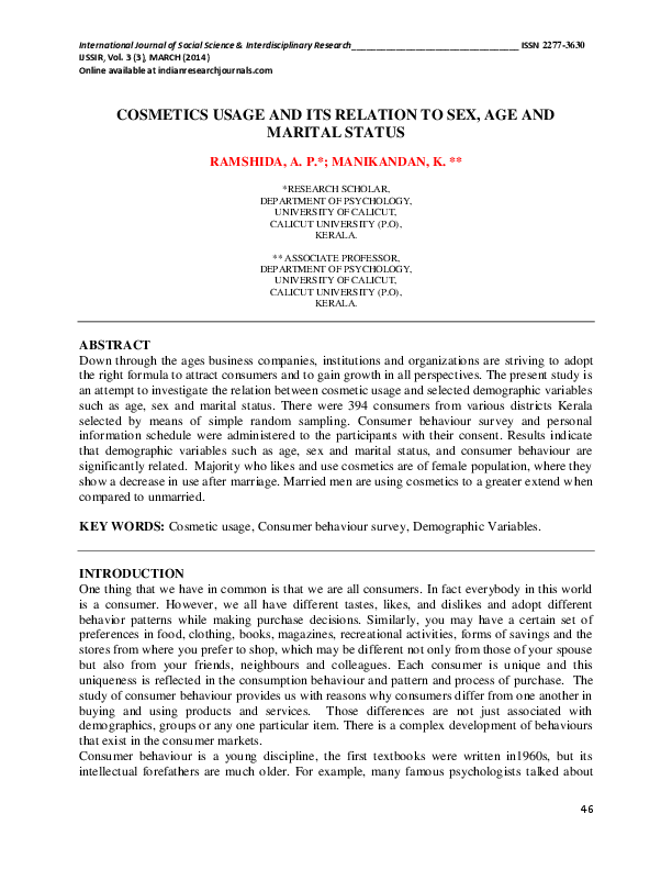 Pdf Cosmetics Usage And Its Relation To Sex Age And Marital Status