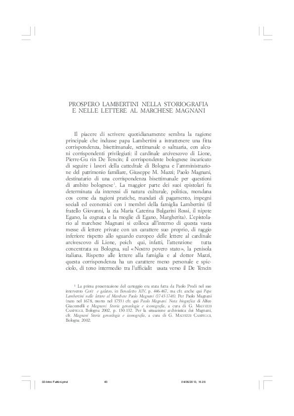 (PDF) Lettere di Benedetto XIV al marchese Paolo Magnani (1743-1748), a cura di Paolo Prodi e ...