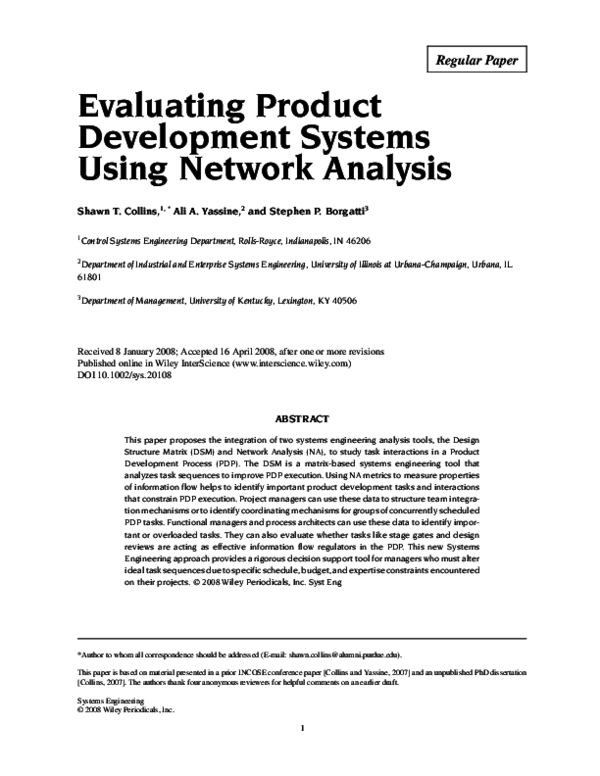 (PDF) Evaluating product development systems using network analysis