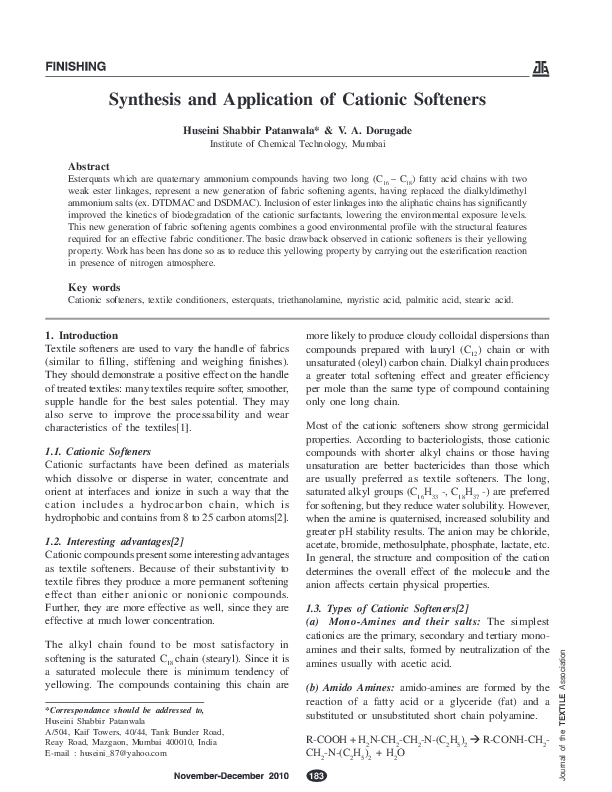 (PDF) Synthesis and Application of Cationic Softeners