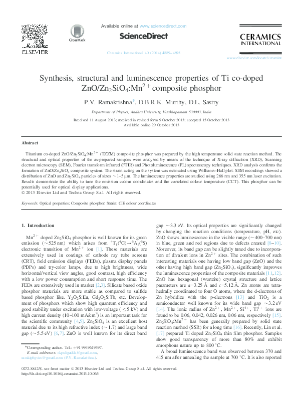 (PDF) Synthesis, structural and luminescence properties of Ti co-doped ZnO/Zn 2 SiO 4 :Mn 2 þ ...