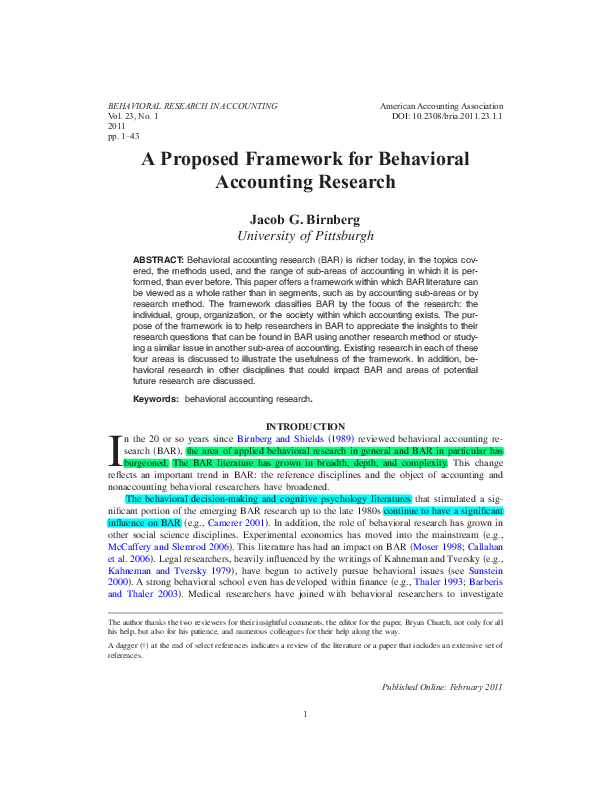 (PDF) A Proposed Framework for Behavioral Accounting Research
