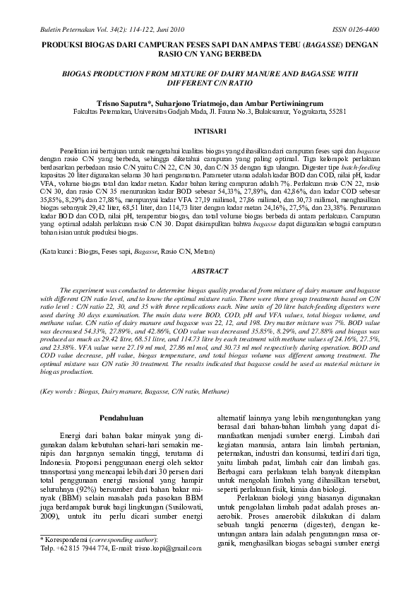 (PDF) PRODUKSI BIOGAS DARI CAMPURAN FESES SAPI DAN AMPAS TEBU (BAGASSE ...
