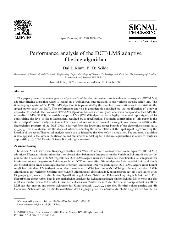 Pdf Performance Analysis Of The Dct Lms Adaptive Filtering Algorithm
