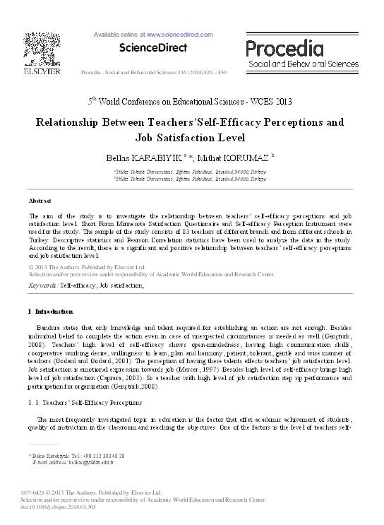 (PDF) Relationship Between Teachers’Self-Efficacy Perceptions and Job Satisfaction Level