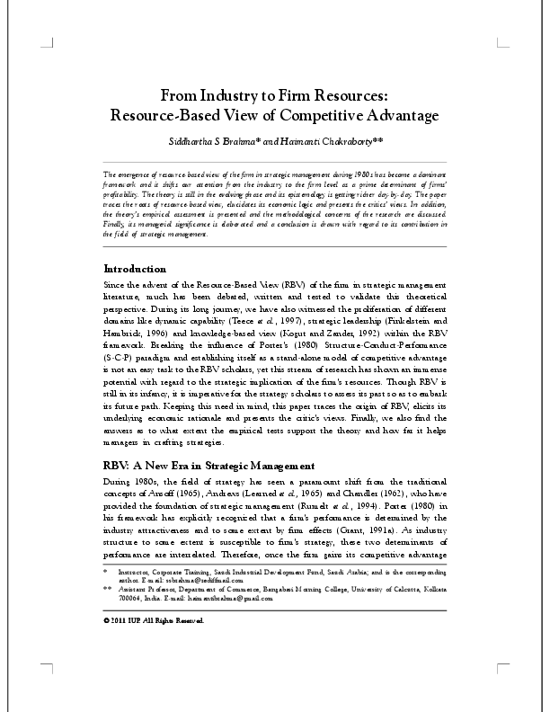 (PDF) From Industry to Firm Resources: Resource-Based View of ...