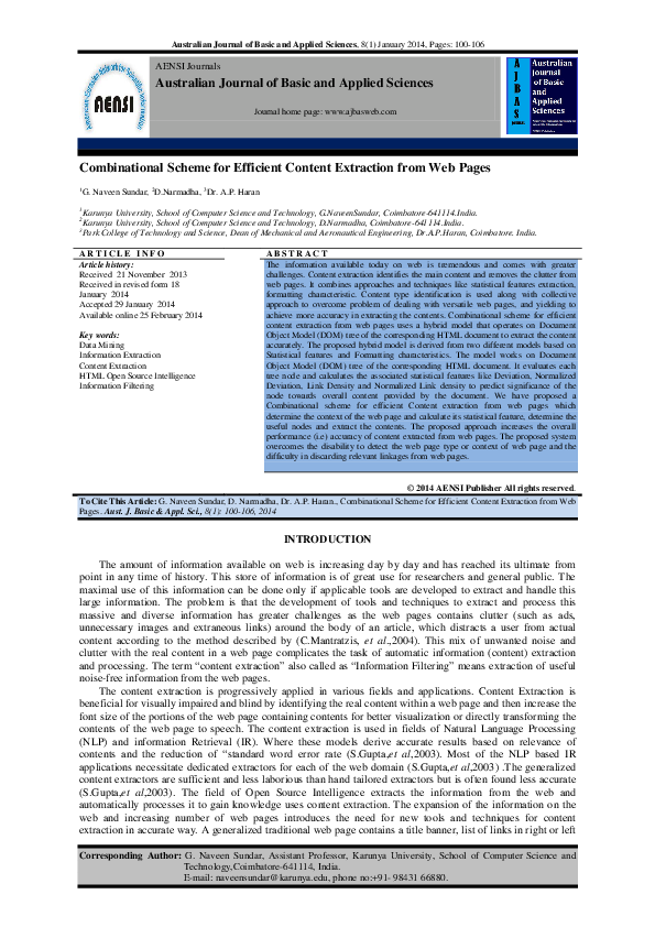 Pdf Combinational Scheme For Efficient Content Extraction From Web Pages 8996