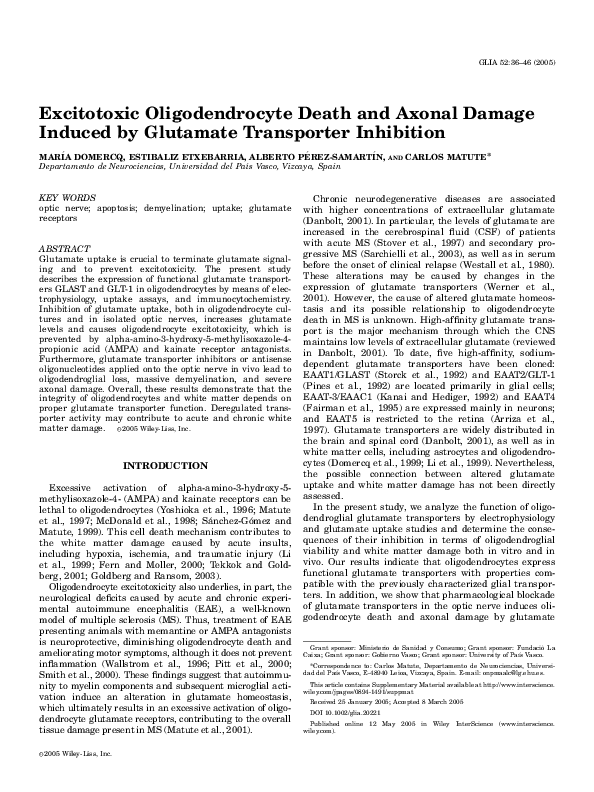 (PDF) Excitotoxic oligodendrocyte death and axonal damage induced by ...