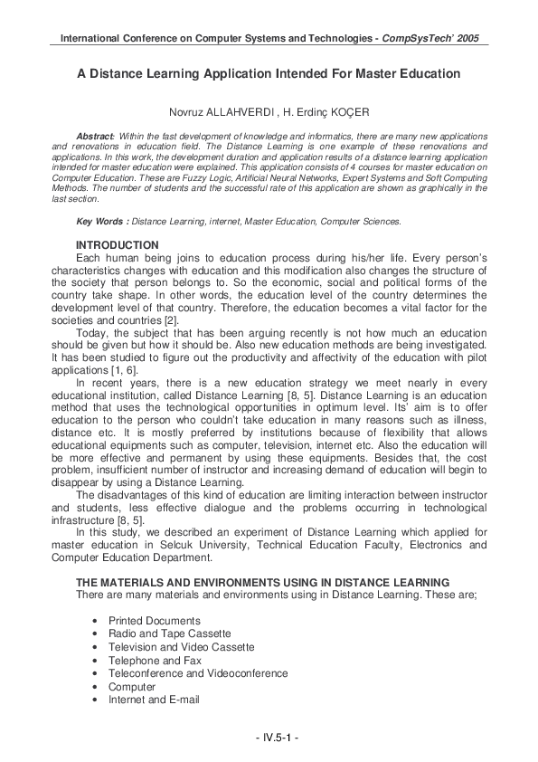 (PDF) A Distance Learning Application Intended For Master Education