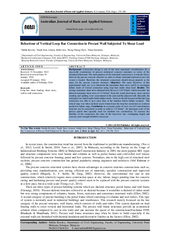 (PDF) Behaviour of Vertical Loop Bar Connection in Precast Wall ...