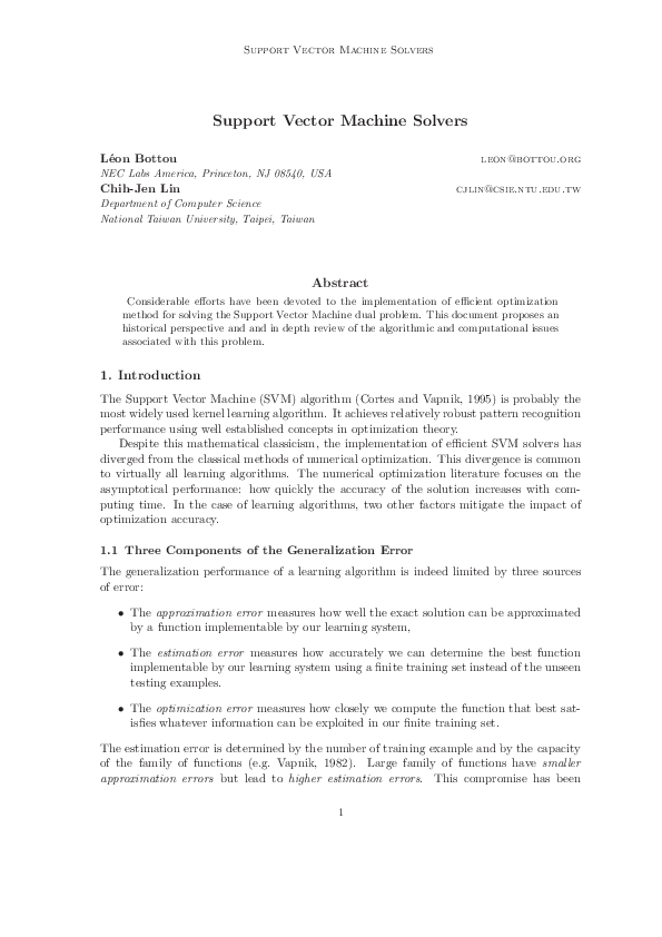 (PDF) Support Vector Machine Solvers Support Vector Machine Solvers