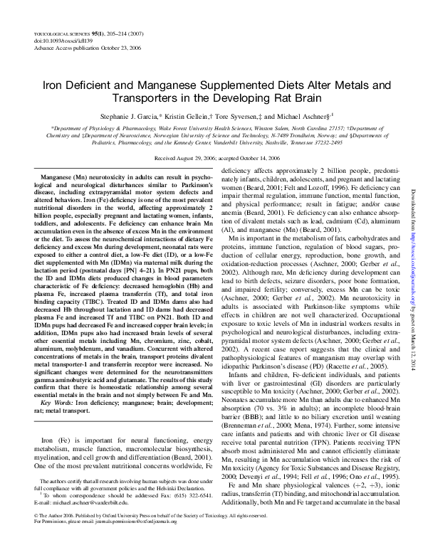 (PDF) Iron Deficient and Manganese Supplemented Diets Alter Metals and ...
