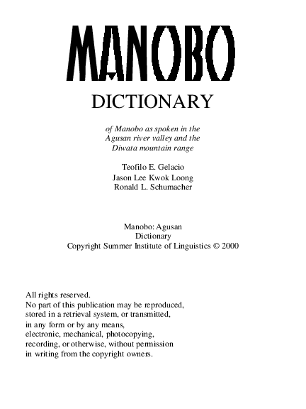 (PDF) DICTIONARY of Manobo as spoken in the Agusan river valley and the ...