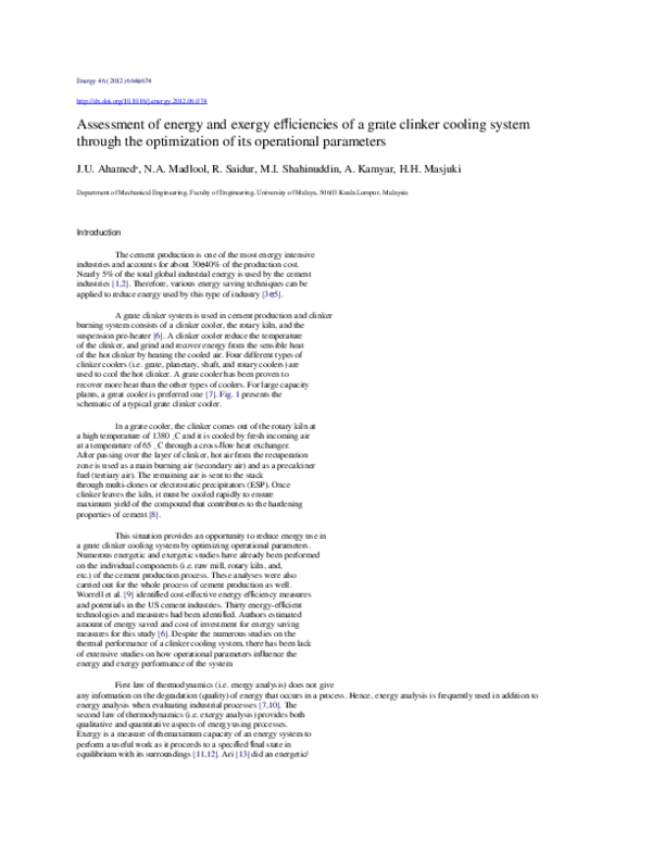 (PDF) Assessment of energy and exergy efficiencies of a grate clinker cooling system through the ...