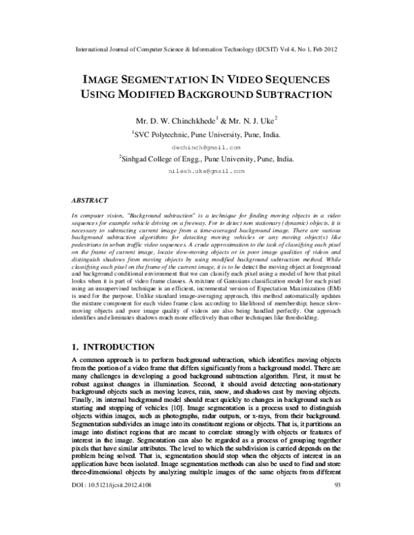 (PDF) IMAGE SEGMENTATION IN VIDEO SEQUENCES USING MODIFIED BACKGROUND ...