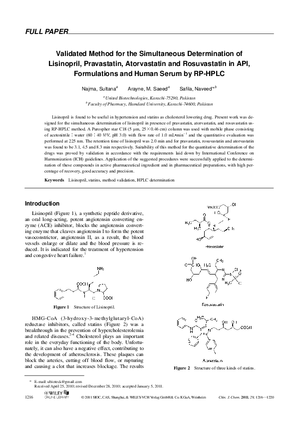 Pdf Validated Method For The Simultaneous Determination Of Lisinopril Pravastatin