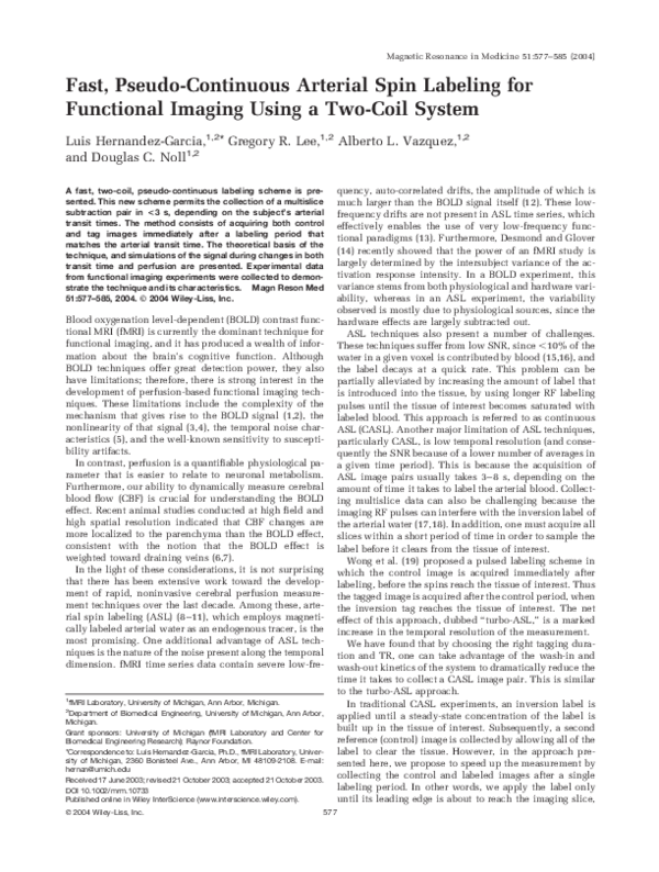(PDF) Fast, pseudo-continuous arterial spin labeling for functional imaging using a two-coil system
