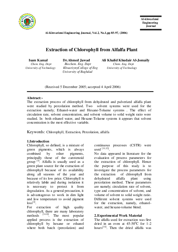 (PDF) Extraction of Chlorophyll from Alfalfa Plant