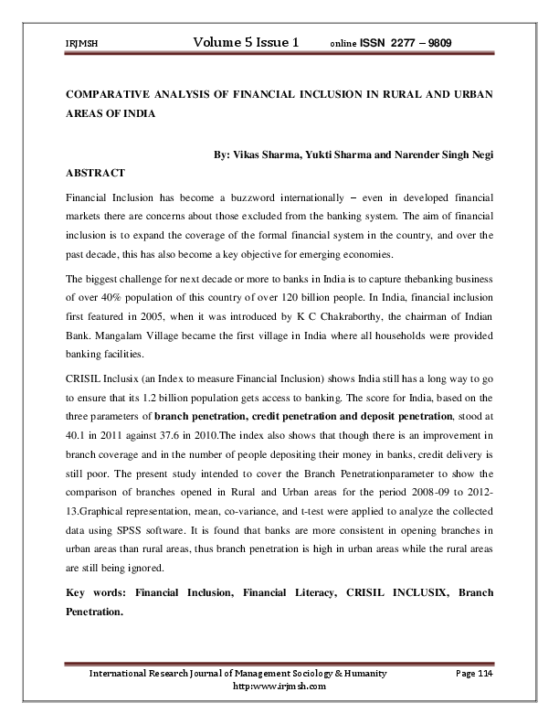 (PDF) COMPARATIVE ANALYSIS OF FINANCIAL INCLUSION IN RURAL AND URBAN ...