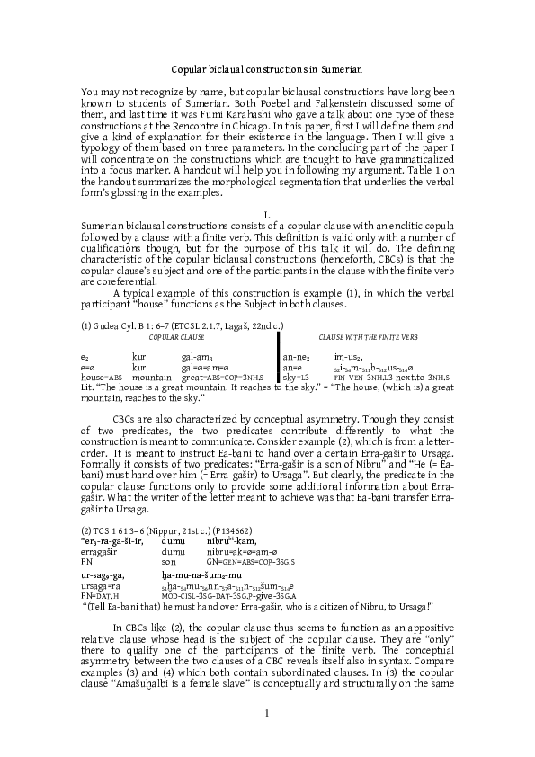 (PDF) Copular biclausal constructions in Sumerian