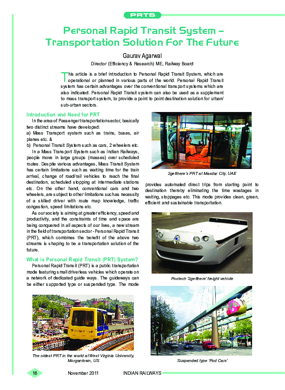(PDF) Personal Rapid Transit System – Transportation Solution For The ...