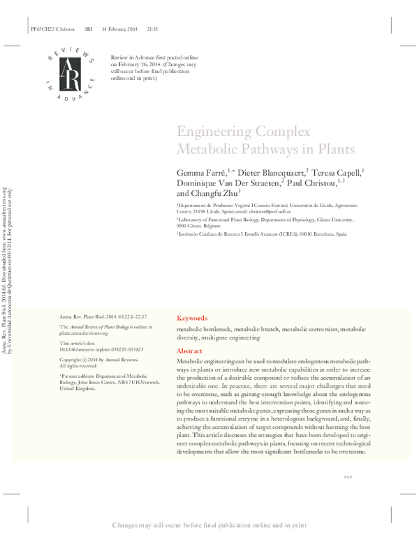 (PDF) Engineering Complex Metabolic Pathways in Plants
