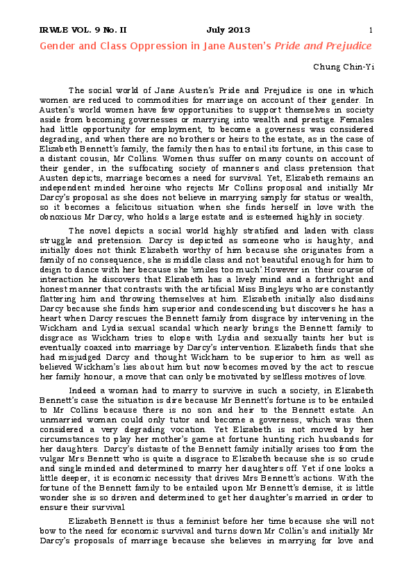 (PDF) Gender and class oppression in Jane Austen's Pride and prejudice