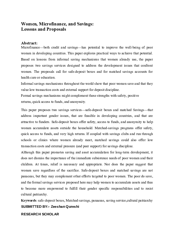 (DOC) Improving Women's Well-Being via Microfinance