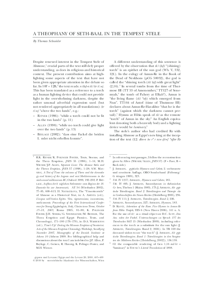 (PDF) A Theophany of Seth–Baal in the Tempest Stele, in: Ägypten ...