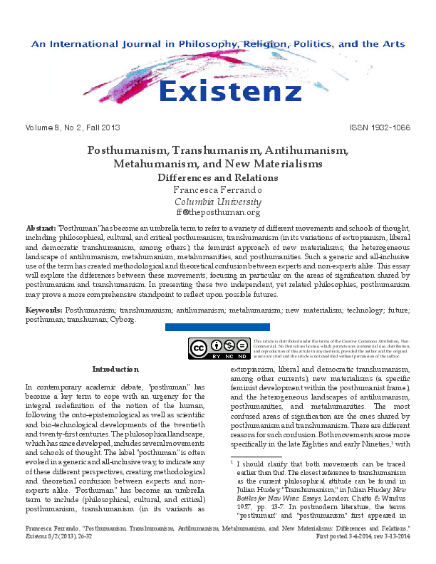 (PDF) POSTHUMANISM, TRANSHUMANISM, ANTIHUMANISM, METAHUMANISM, AND NEW ...