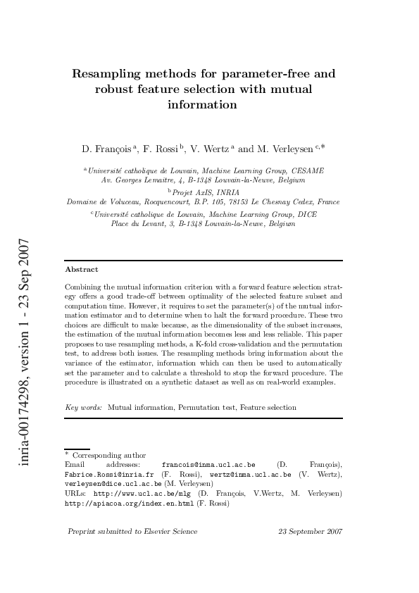 Pdf Resampling Methods For Parameter Free And Robust Feature Selection With Mutual Information