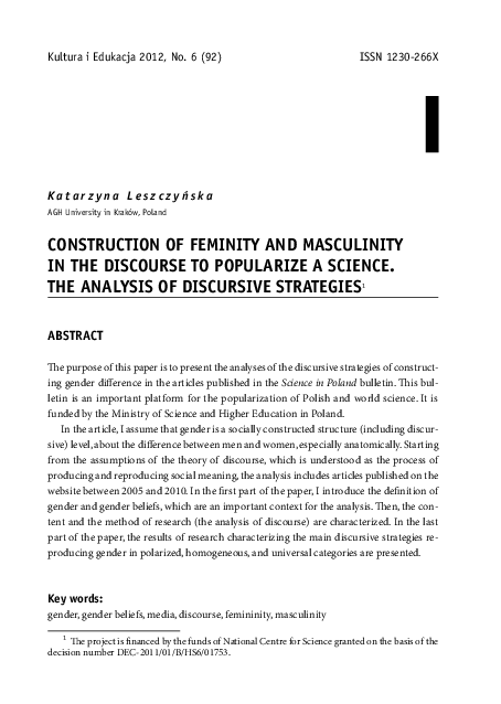 (PDF) Construction of Feminity and Masculinity in the Discourse to Popularize a Science. The ...