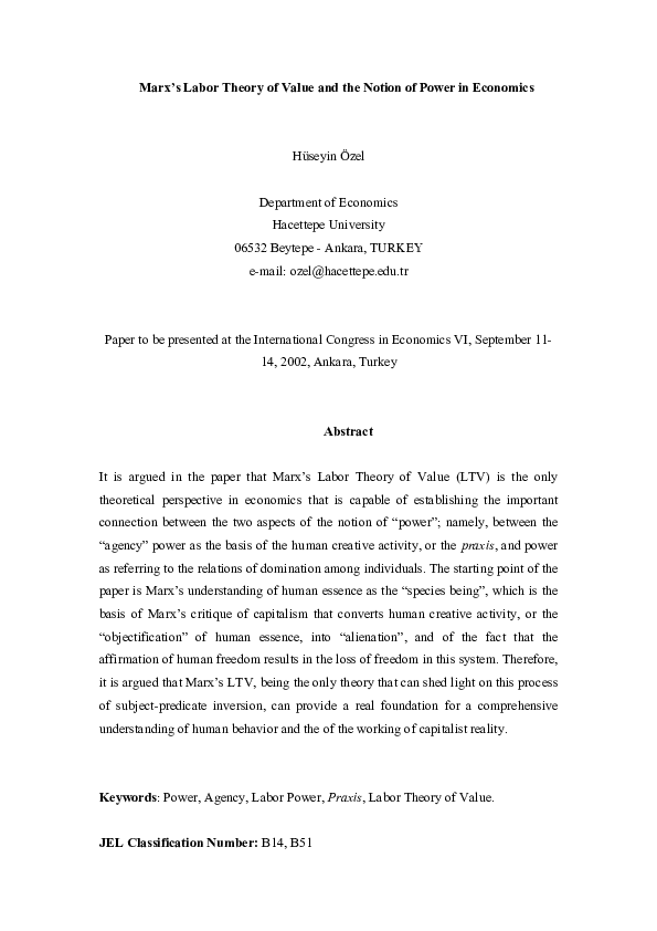 (PDF) Marx's Labor Theory of Value and the Notion of Power in Economics