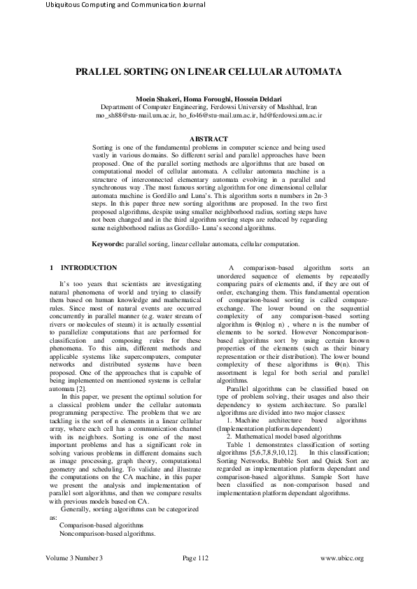 (PDF) Parallel Sorting On Linear Cellular Automata