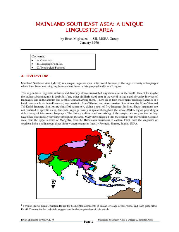 (PDF) Mainland Southeast Asia: a Unique Linguistic Area