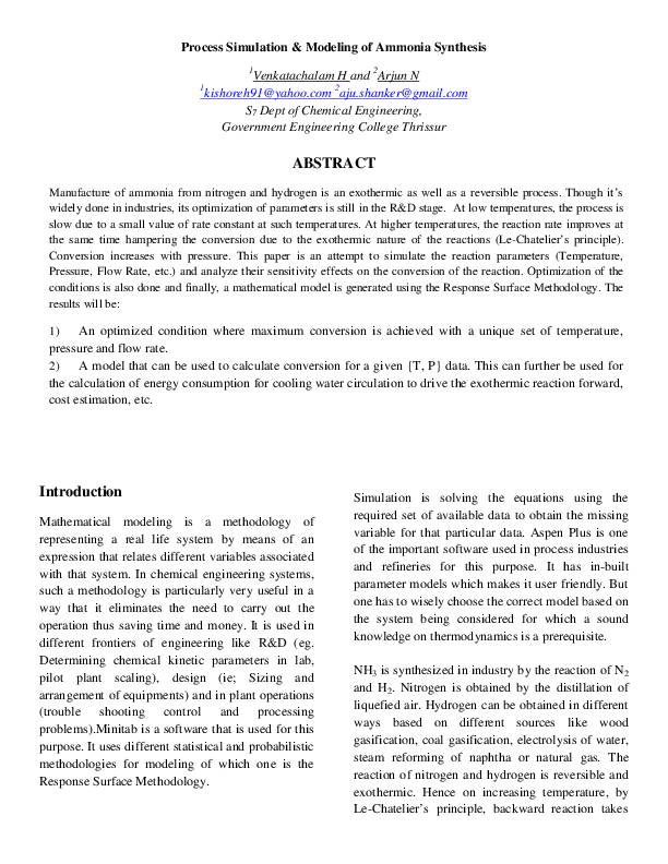 Pdf Simulation Of The Ammonia Synthesis Loop And Modeling Of The