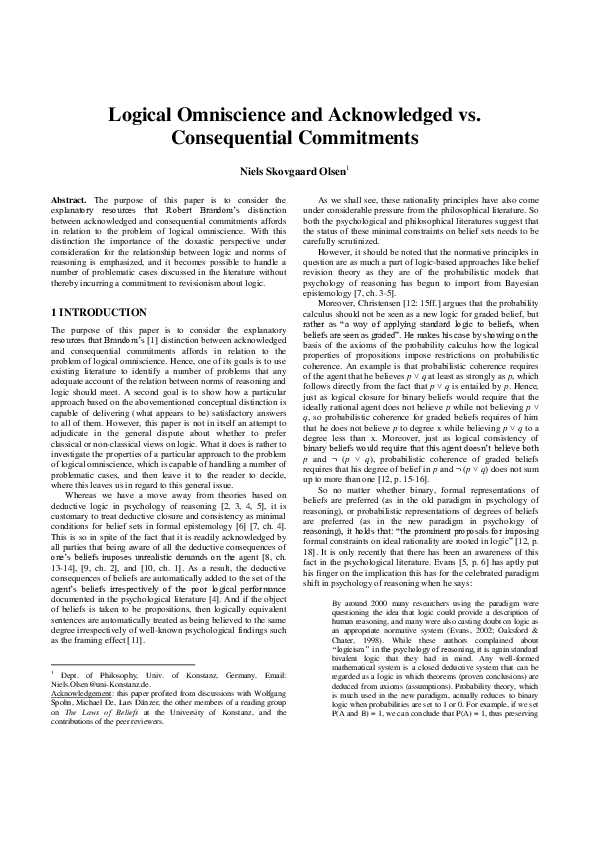 (PDF) Logical Omniscience and Acknowledged vs. Consequential Commitments