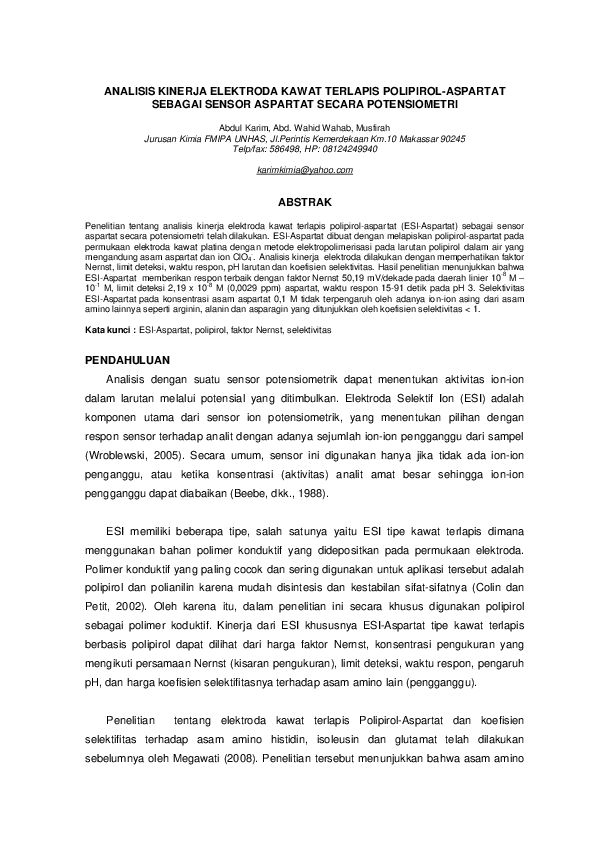 (PDF) ANALISIS KINERJA ELEKTRODA KAWAT TERLAPIS POLIPIROL-ASPARTAT ...