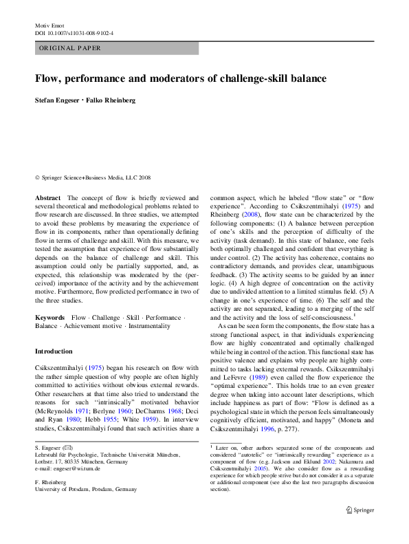 (PDF) Flow, performance and moderators of challenge-skill balance