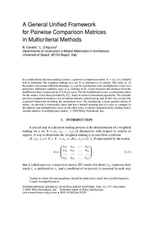 (PDF) A General Unified Framework for Pairwise Comparison Matrices in Multicriterial Methods