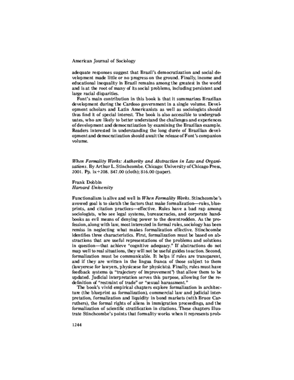 (PDF) Review of Arthur L. Stinchcombe, When Formality Works: Authority ...