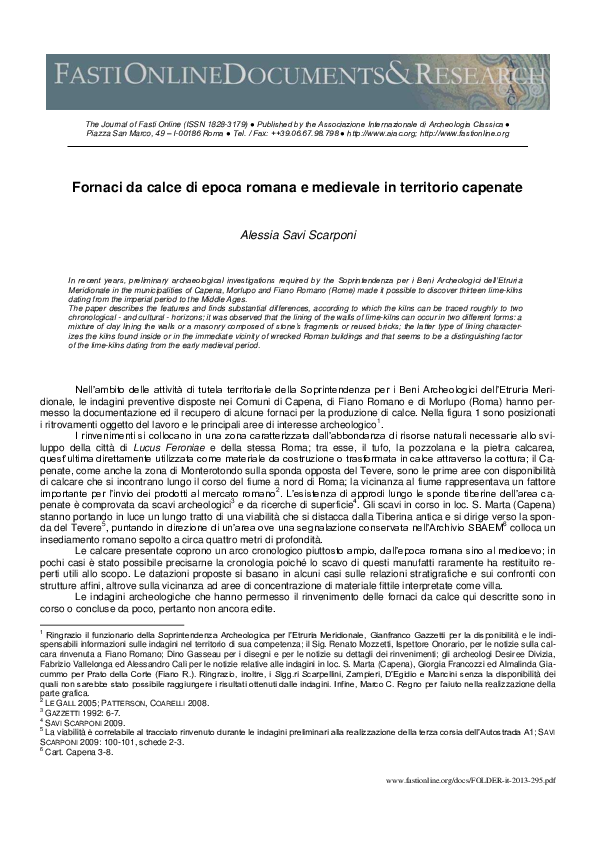 (PDF) Fornaci da calce di epoca romana e medievale in territorio capenate