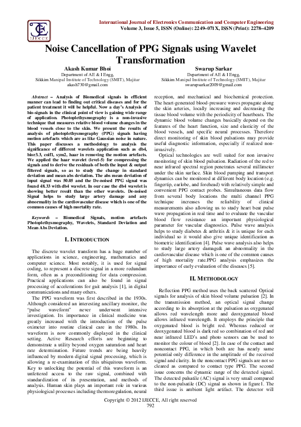 Pdf Noise Cancellation Of Ppg Signals Using Wavelet Transformation