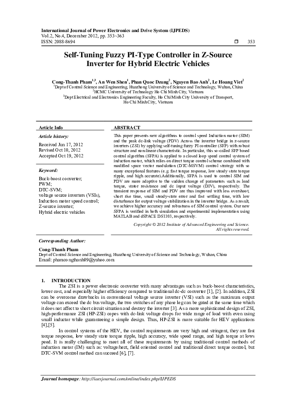 Pdf Self Tuning Fuzzy Pi Type Controller In Z Source Inverter For