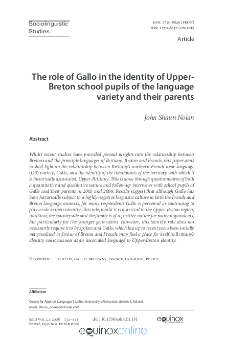 (PDF) The Role of Gallo in the Identity of Upper-Breton School Pupils ...
