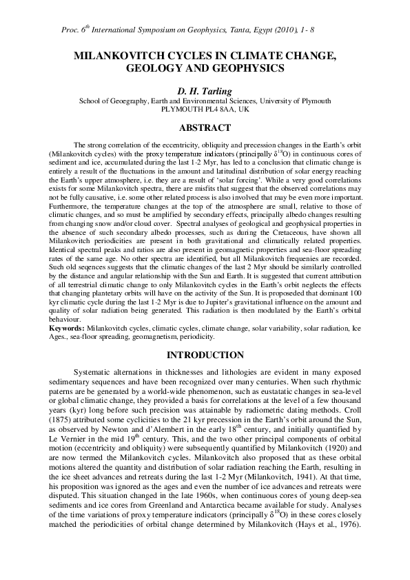 (PDF) MILANKOVITCH CYCLES IN CLIMATE CHANGE, GEOLOGY AND GEOPHYSICS