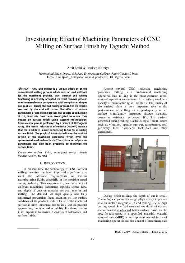 Pdf Investigating Effect Of Machining Parameters Of Cnc Milling On Surface Finish By Taguchi